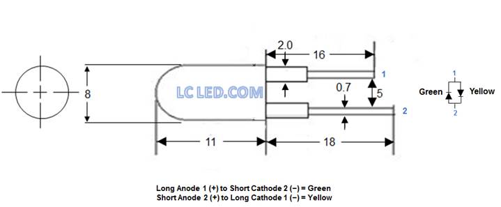 8mm High Power Bicolor Green & Yellow LED Specs, Data Sheet P804TGY4D ...