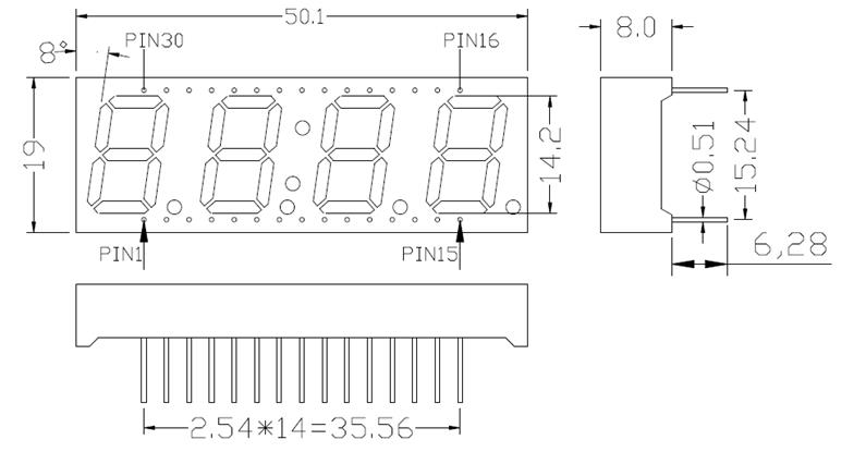 Four Digit Led Display Non-Multiplexing 30PIN Anode White 0.56 Inch (14 ...