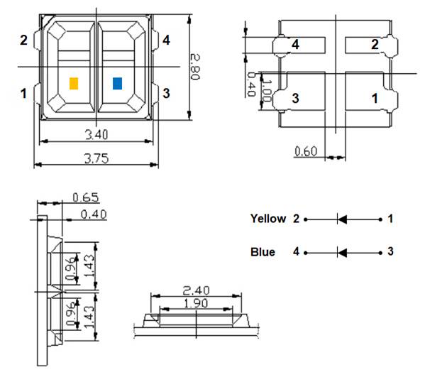 Bicolor SMD LED Blue & Yellow 0.5W LED Specs, Data Sheet SLT-285BY from ...